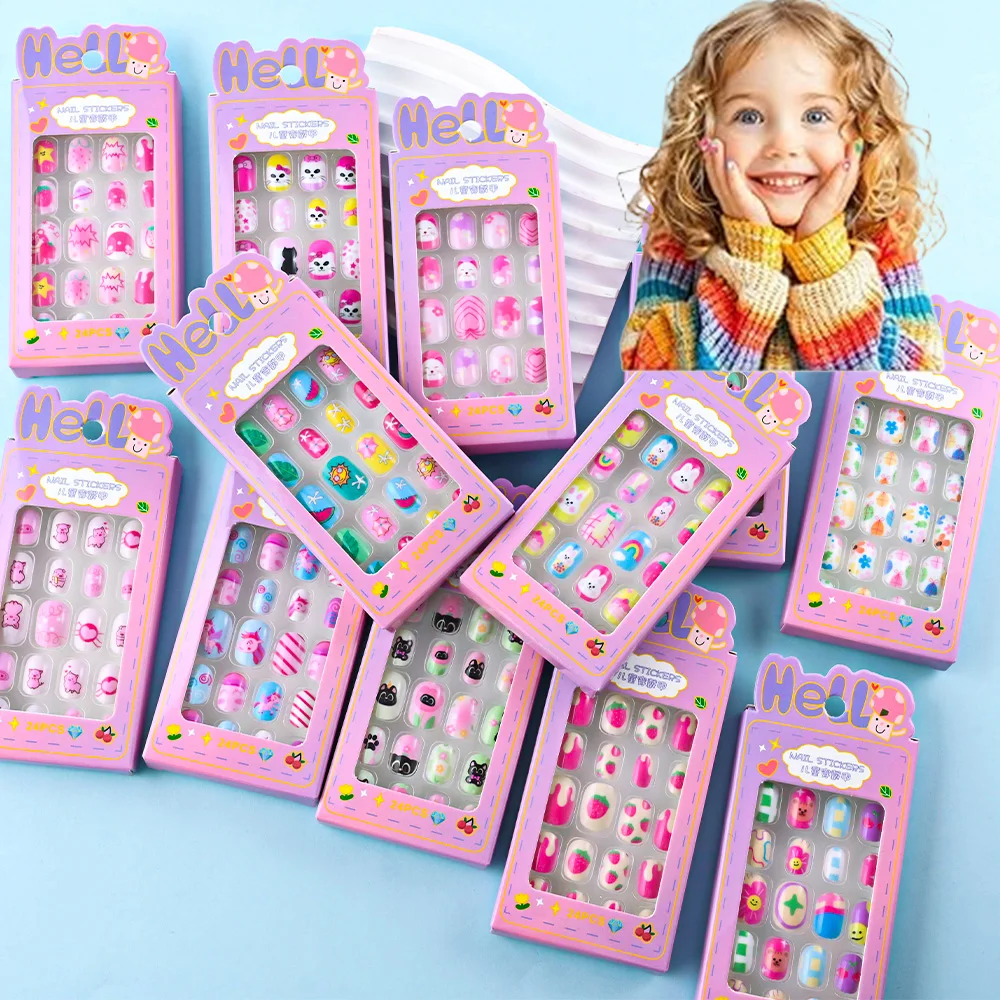 24Pcs-box-Kids-Cartoon-Pattern-False-Nail-Wearable-Cute-Girl-Child-Fake ...