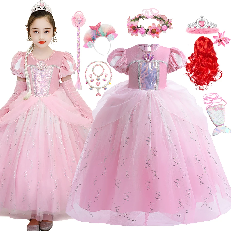 Mermaid Dress Pink Ariel Clothes Girls Luxury Sequin Princess Cosplay ...