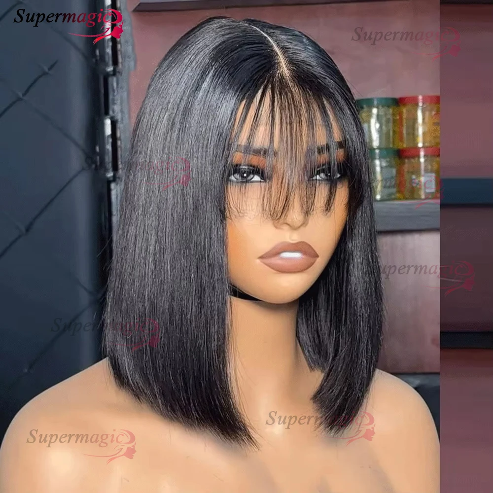 Peluca de encaje Bob recta corta con flequillo cabello humano cabello ...