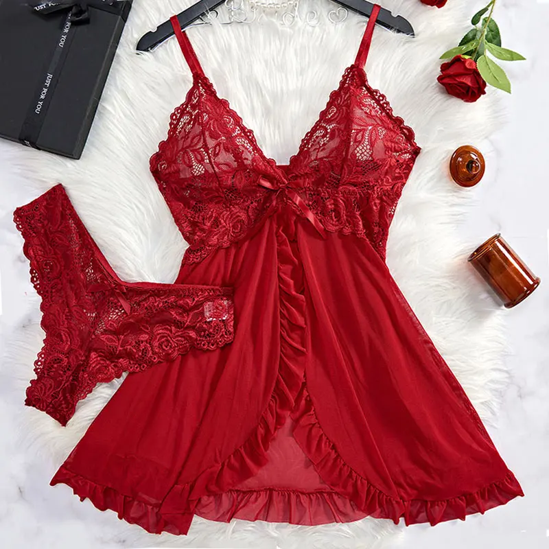 Hot Sexy Women's Nightgown Short Dress V-neck Pajamas Lace Bra G-string ...