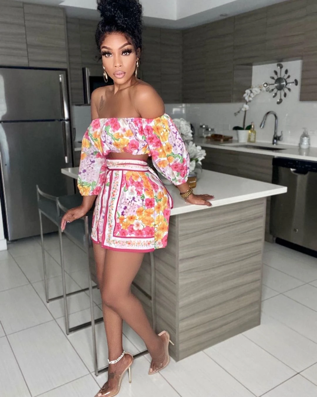 Felyn Slash Neck Tops curtos e shorts para mulheres, roupas de praia ...