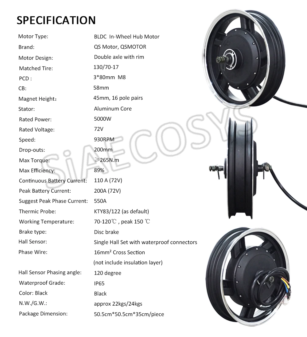 SiAECOSYS QSMOTOR 17X3.5inch 5000W 72V 100kph Hub Motor With EM200SP ...