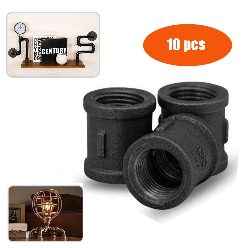 10-Pcs-Antique-Loft-Style-Dark-Malleable-Iron-Pipe-Fittings-Connector ...