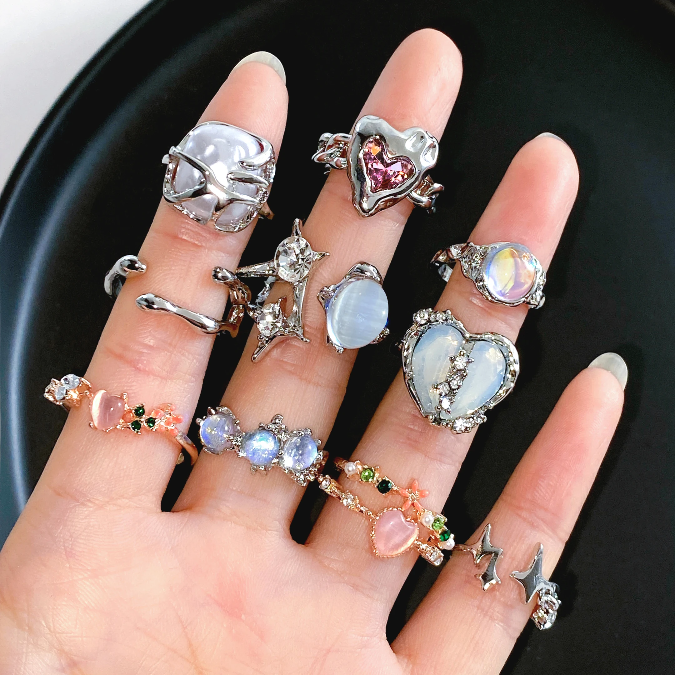 Y2k-Crystal-Heart-Rings-Set-For-Women-Girls-Vintage-Silver-Color ...