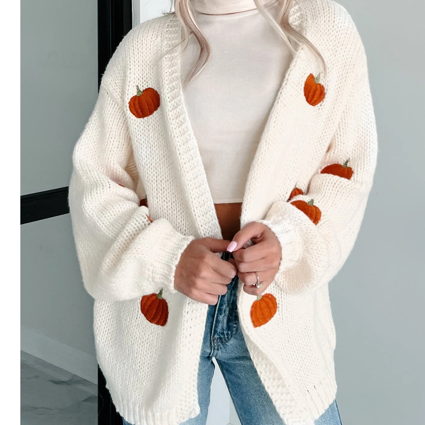 Pumpkin-Embroidery-Knit-Cardigans-Fall-Winter-Women-s-Open-Front-Long ...