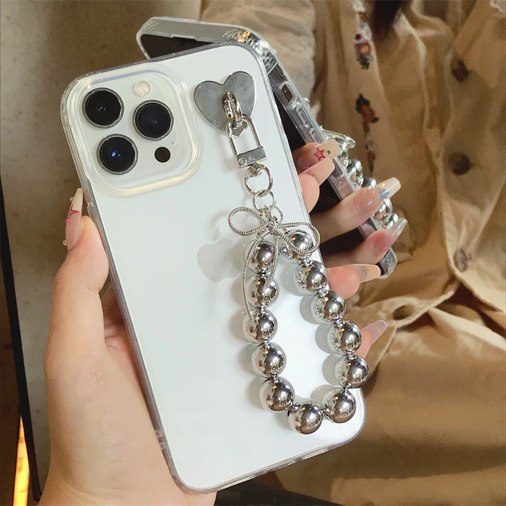 Luxury Plated Silver Bead Pearl Chain Phone Case Trendy Trasparent ...