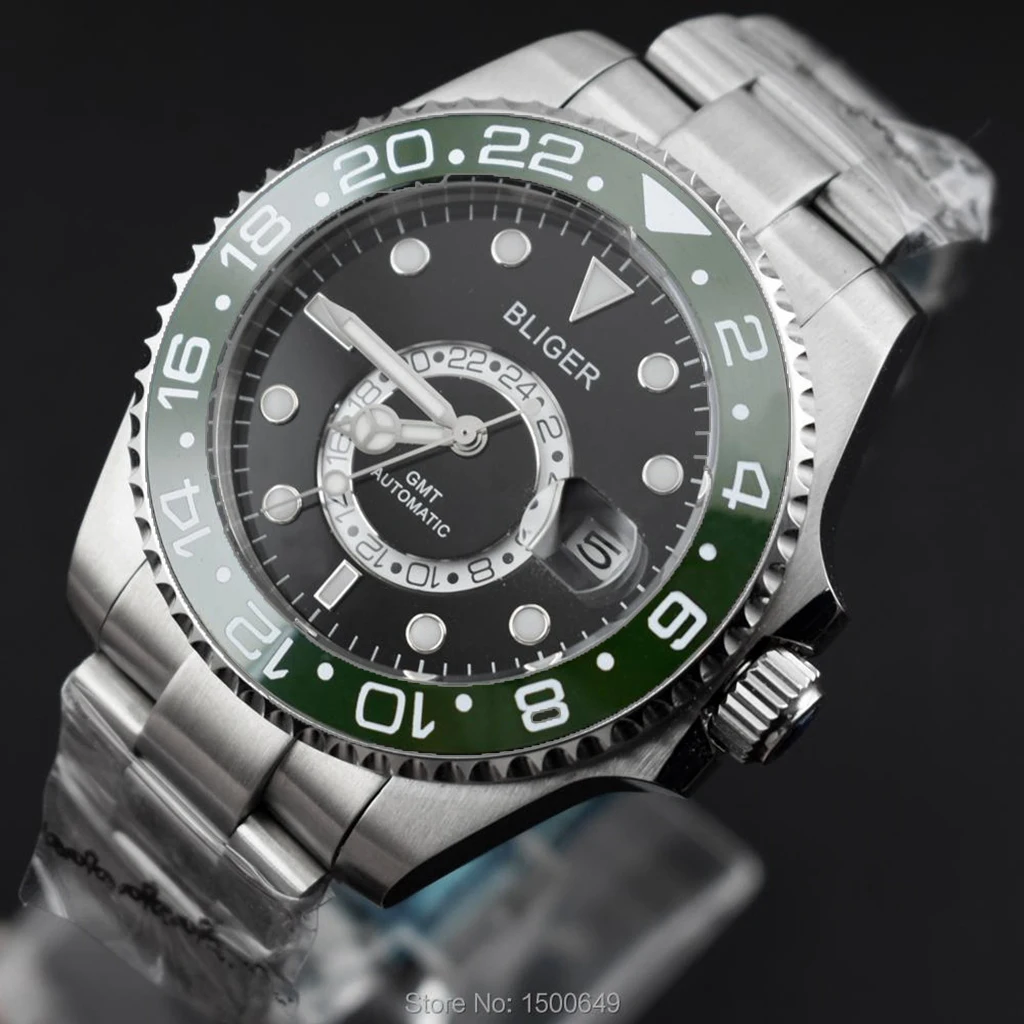 43mm BLIGER GMT Sapphire Glass Black Dial Green Ceramic Rotate Bezel ...