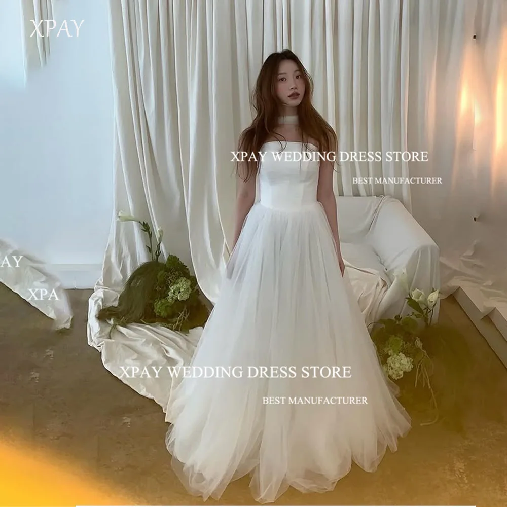 XPAY Elegant Strapless A Line With Shawl Korea Wedding Dresses Tulle ...
