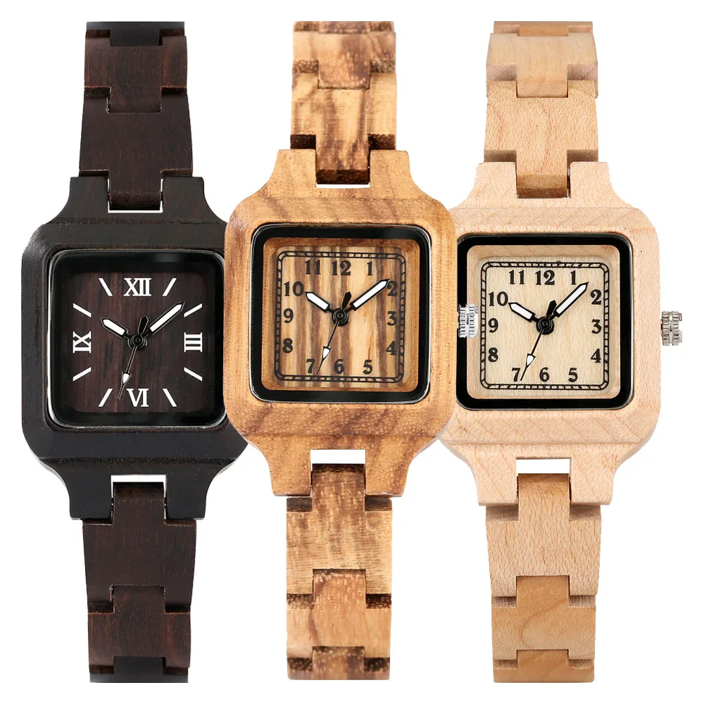 Classic Square Shaped Quartz Watches for Women Wooden Band Bracelet ...