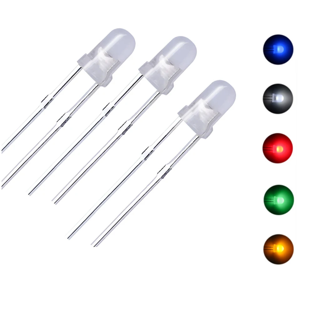 100-Pcs-3mm-Diffused-LED-Diode-White-Green-Red-Blue-Yellow-Light ...