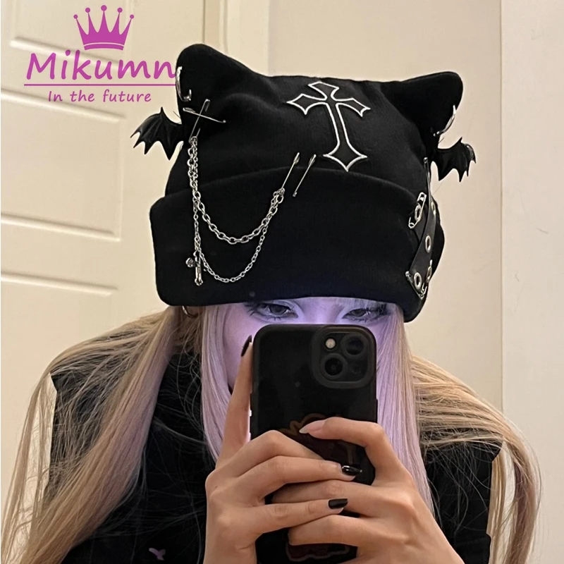 Mikumn Gothic Grunge Cat Ear Bat Wing Black Beanie Hat Harajuku Punk ...
