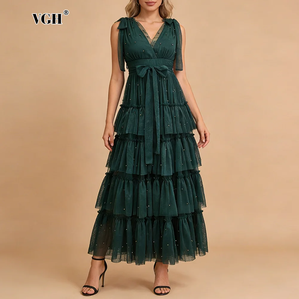VGH Elegant Luxury Dinner Green Tiered Maxi Dress for Women V Neck ...