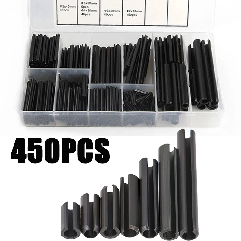 450pcs-Roll-Pin-Set-Elastic-Cylindrical-Cotter-Pins-Carbon-Steel-Hollow ...