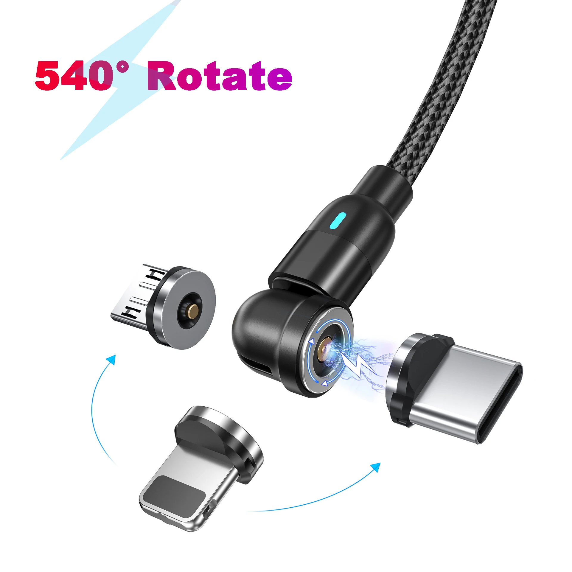 Magnetic-Cable-USB-Type-C-Cable-2-4A-540-Rotate-Micro-Charger-0-5M-1M ...