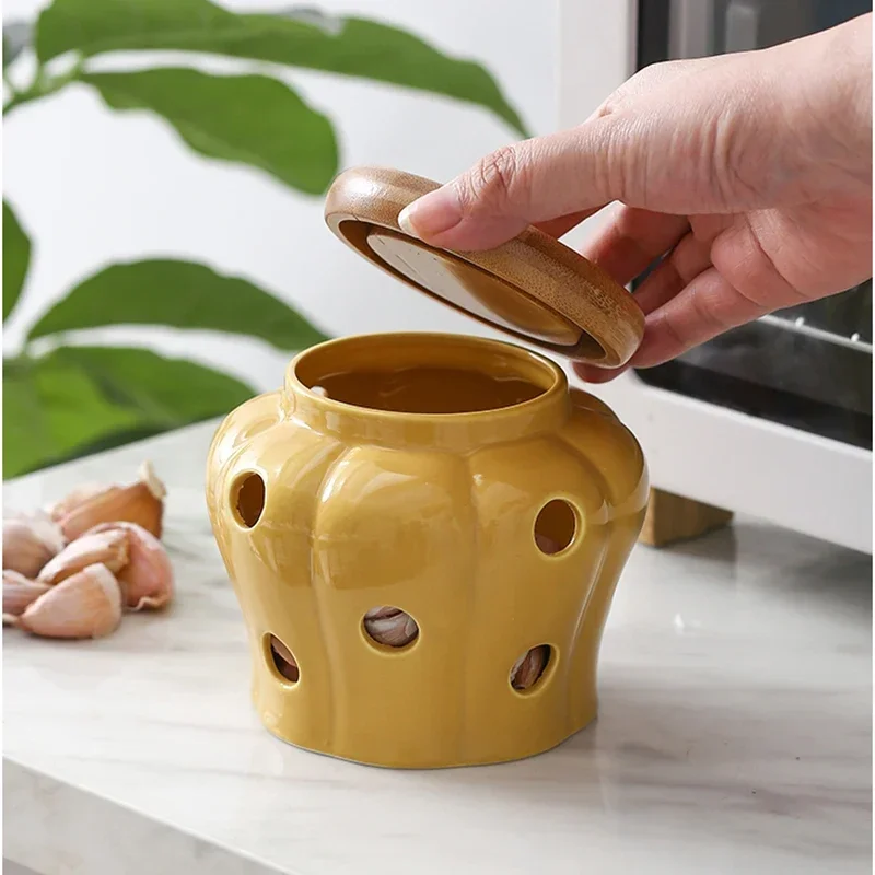 Ceramic Garlic Storage Jar with Bamboo Lid – Ventilated Kitchen ...