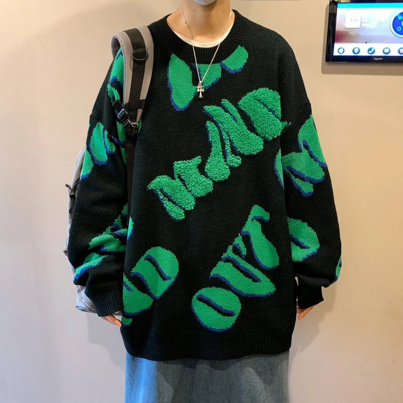 Men Vintage Harajuku Knitted Sweaters Letter Print Hip Hop Streetwear ...