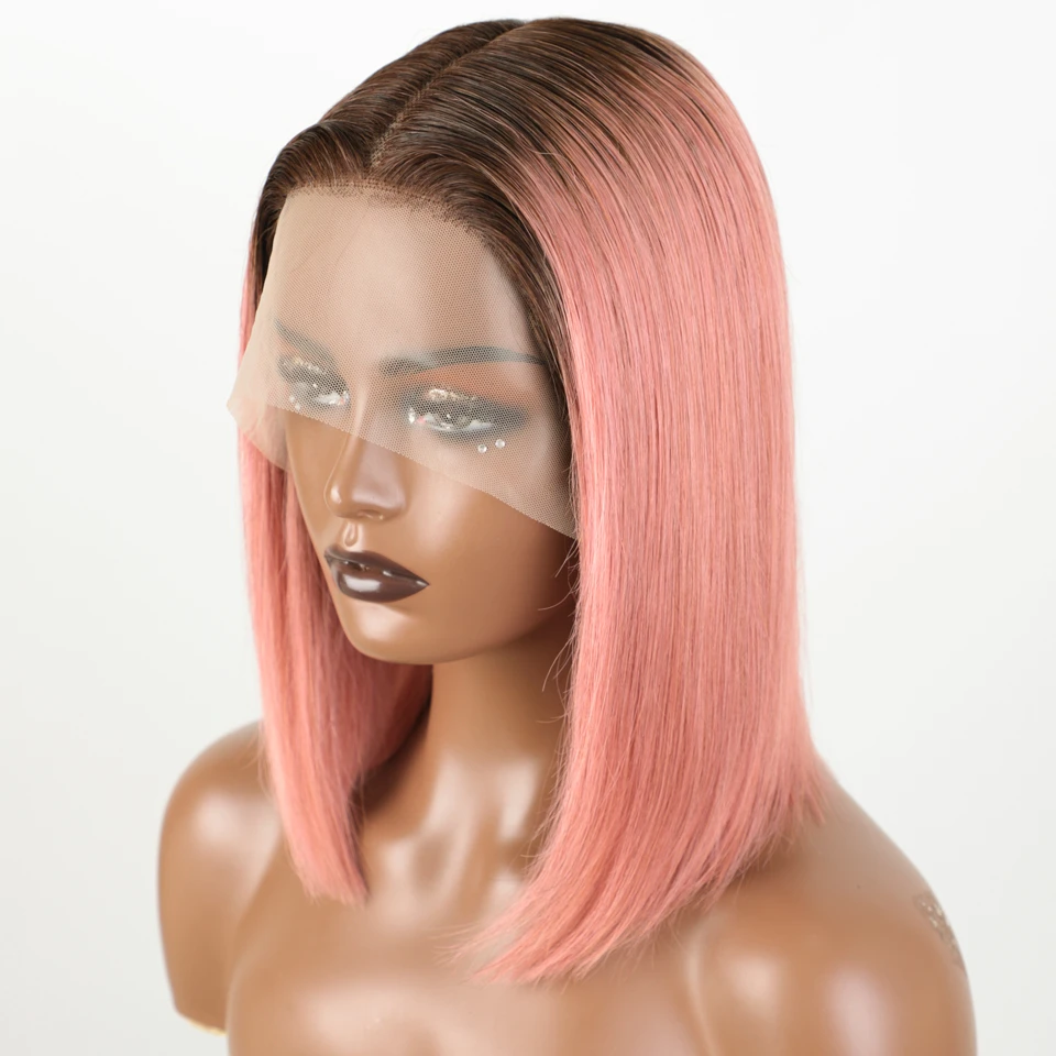 Pink Colored Human Hair Wigs For Women 13X6X1 Short Bob Lace Front Wigs ...