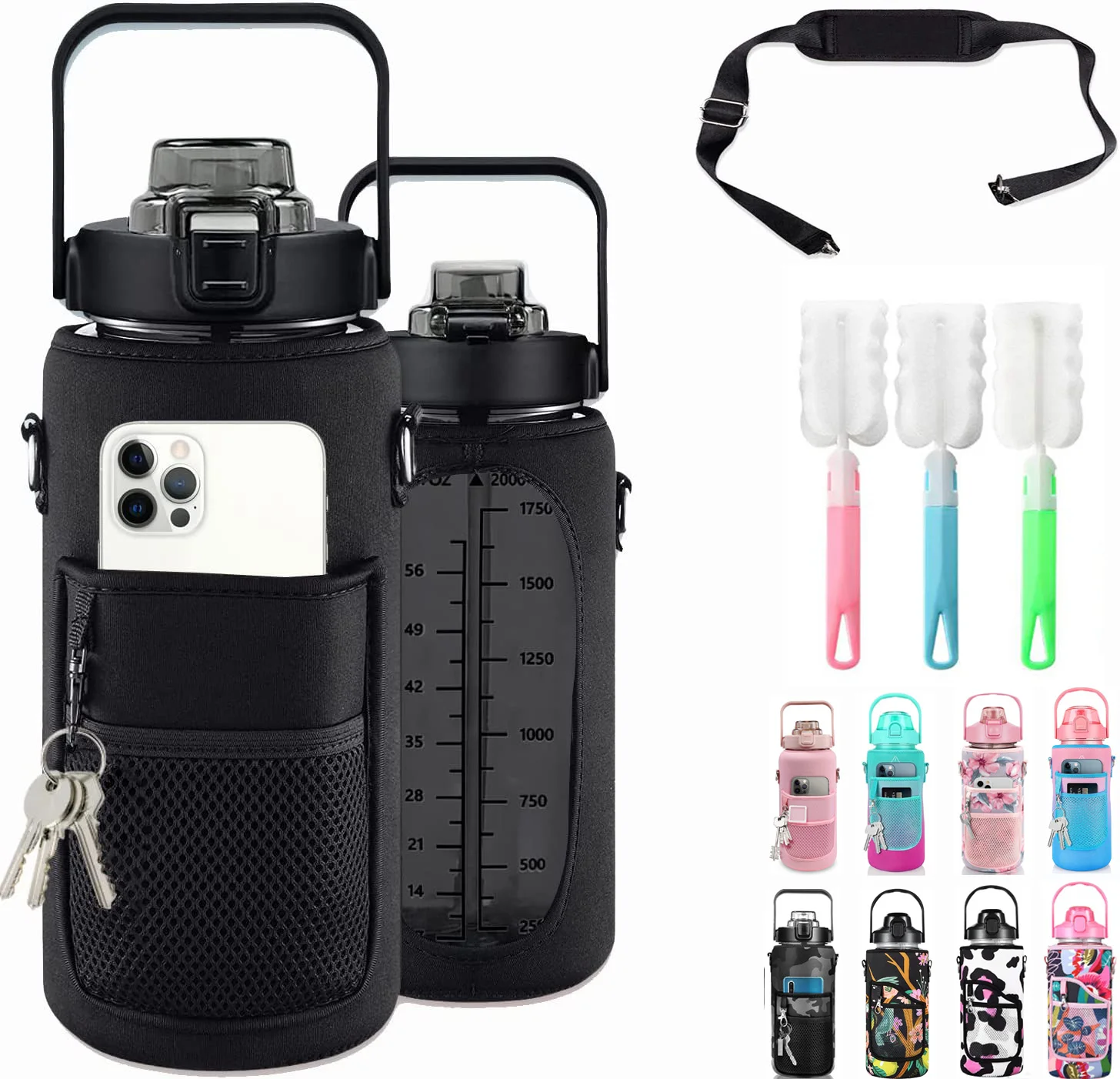 Half Gallon Water Bottle With Sleeve 64 Oz (2l) Inspirational Water ...