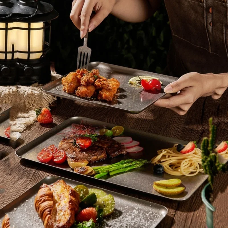 Retro 304 Stainless Steel Snowflake Silver Square Tray Steak Plate ...