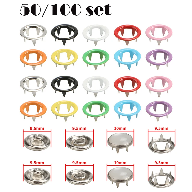 50-100Set-9-5mm-Metal-Prong-Snap-Button-Press-Button-Studs-Fasteners ...