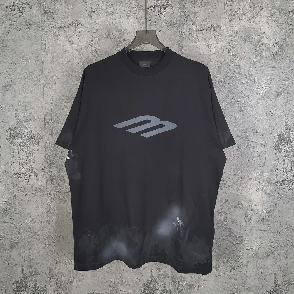 24fw-New-M-Logo-Print-Hand-Drawn-Graffiti-Worn-Short-Sleeved-T-shirt ...