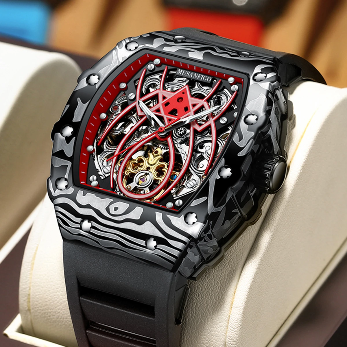 MUSANFIGO automatic hollow mechanical watch, barrel shaped fashionable ...