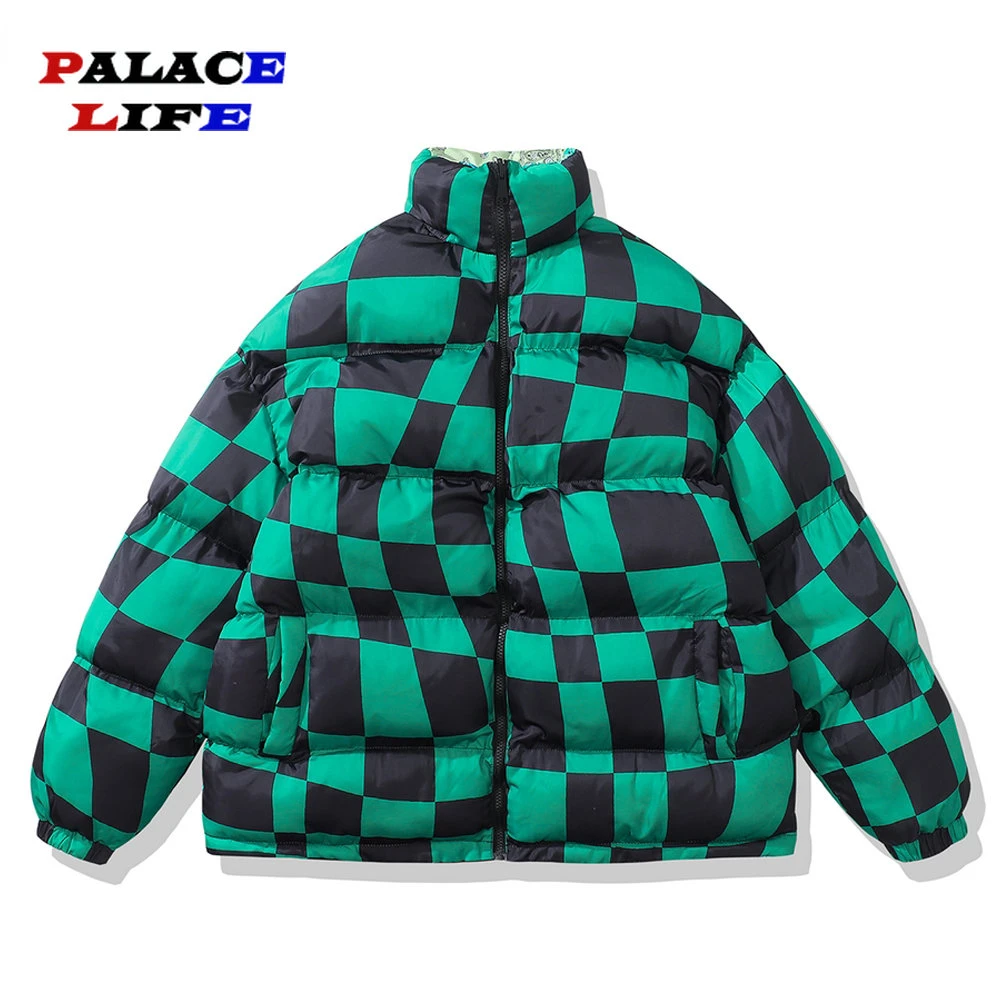 Men Winter Reversible Jacket Parka Green Plaid Printed Block Thick Warm ...