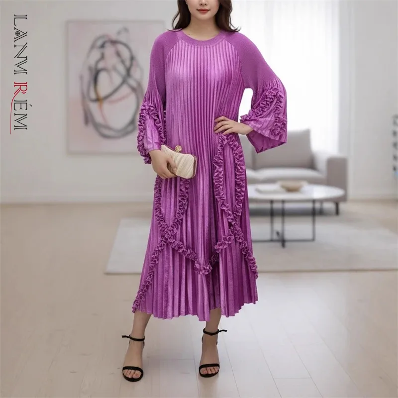 LANMREM Pleated Stringy Selvedge Patchwork Design Women's Dress High ...