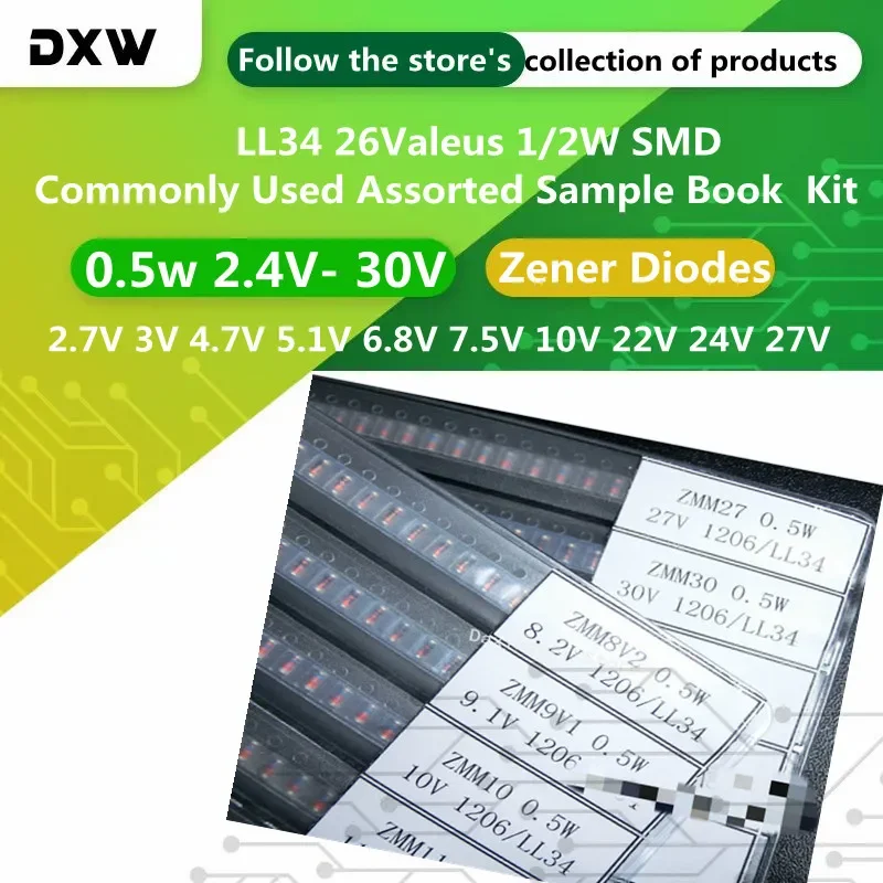 650PCS Zener Diodes 0.5W 2.4V - 30V 2.7V 3V 4.7V 6.8V 10V 22V 24V LL34 ...