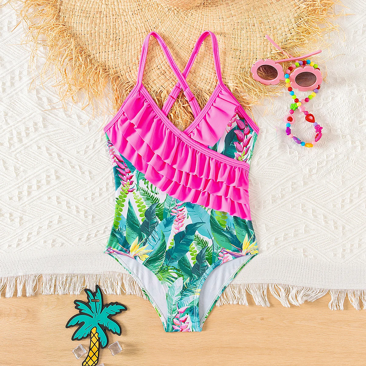 Ruffle-Trim-Leaf-Print-Spaghetti-Straps-Girls-Kid-One-piece-Swimwear ...