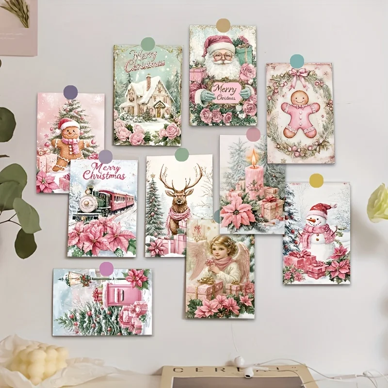 10PCS Retro Pink Christmas Cards Winter Festival Elk Retro Wall ...