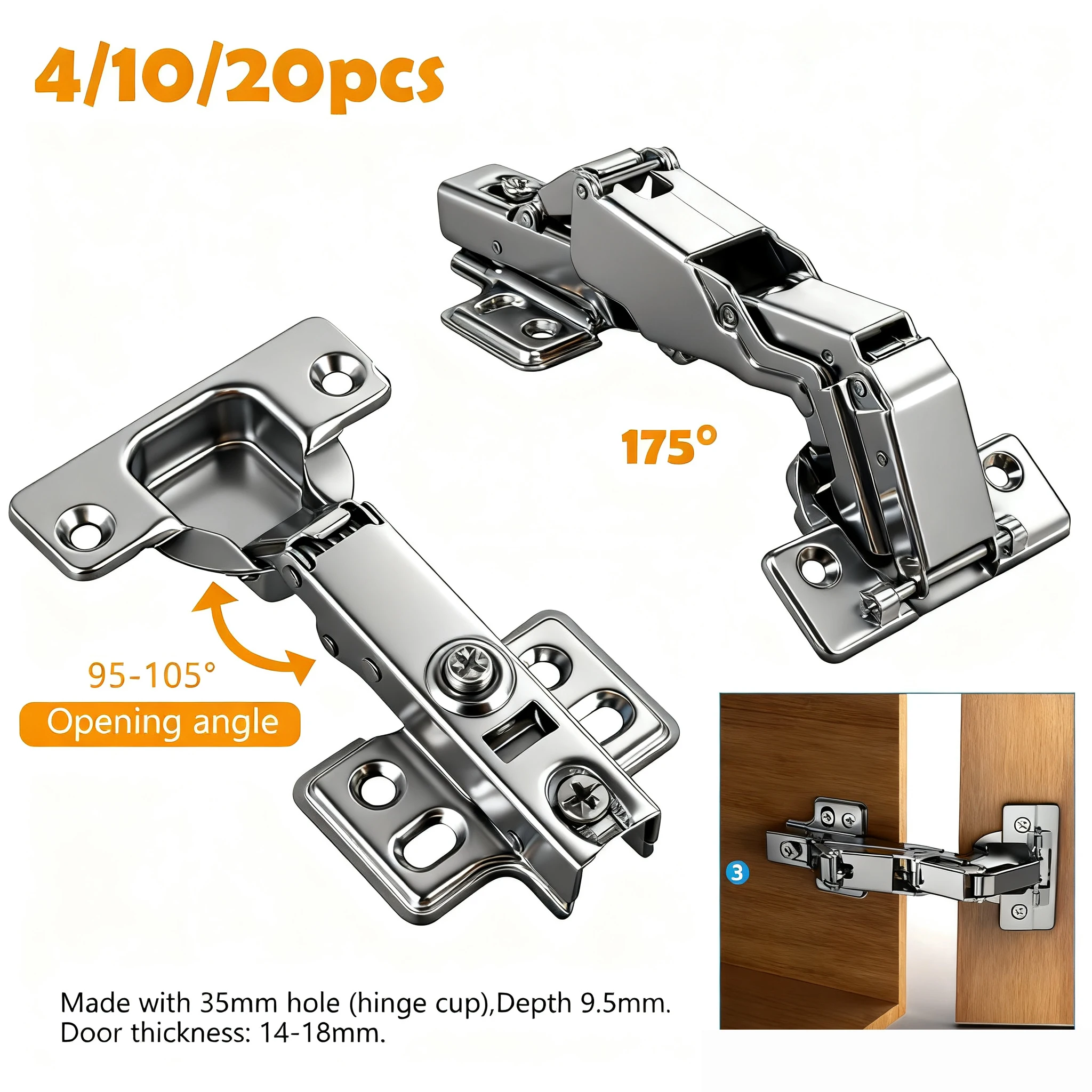 20/10/4PCS Cupboard Hinges Steel Kitchen Cabinet Wardrobe Door Hinge ...