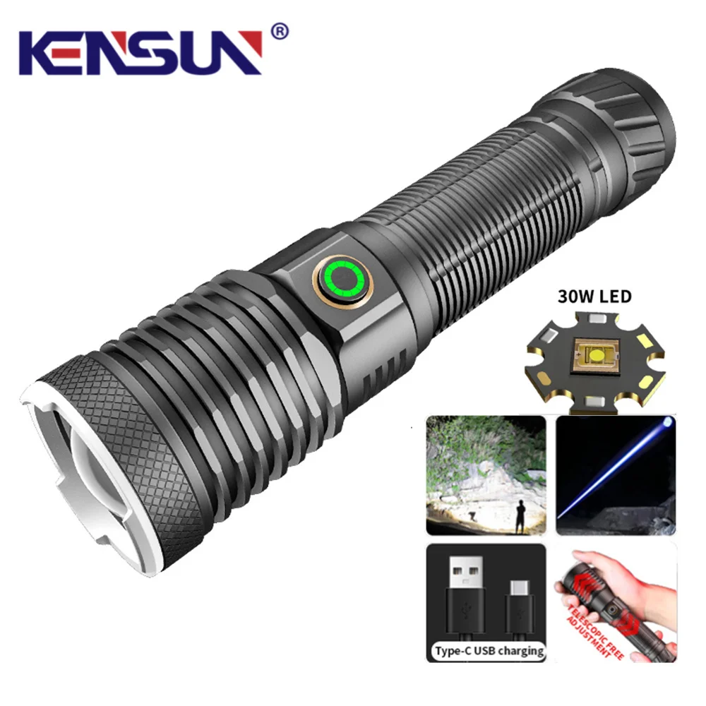 30W LED Spotlight Long Range Flashlight Strong Light Tybe C USB ...