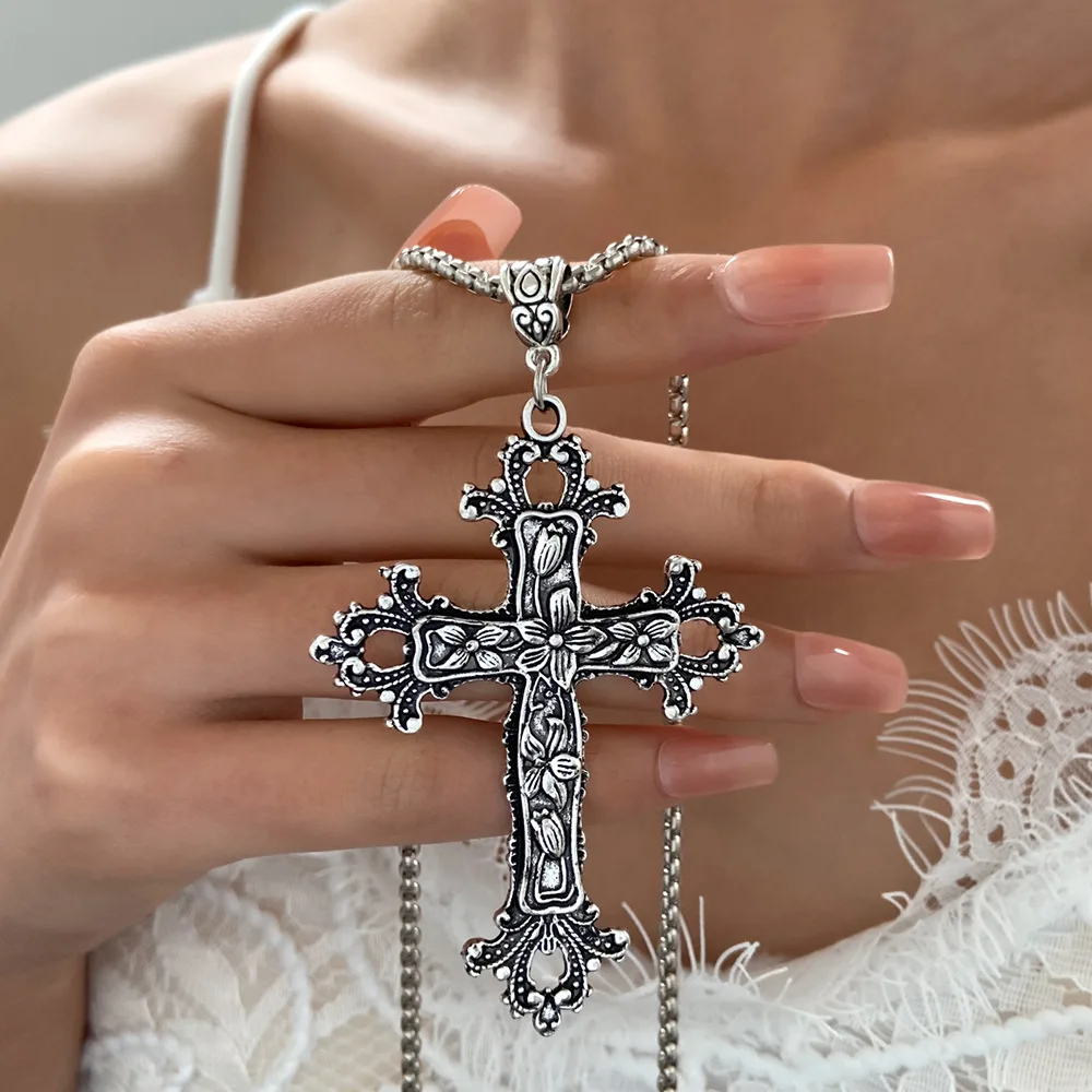 Vintage Gothic Cross Pendant Necklace Large Fashion Women's Long ...