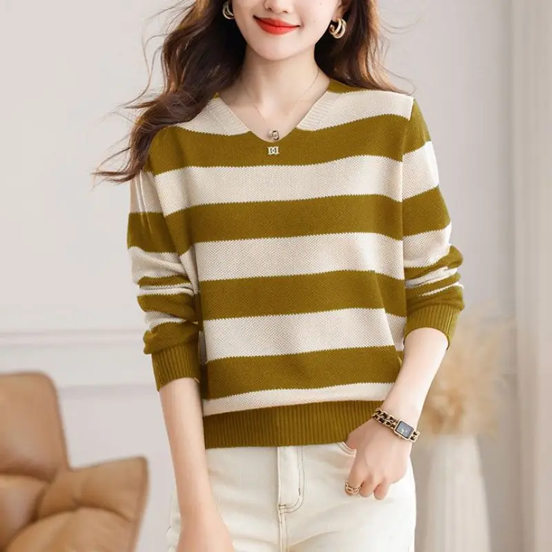 Autumn Winter Crew Neck Women's Clothing Pullover Striped Lantern Long ...