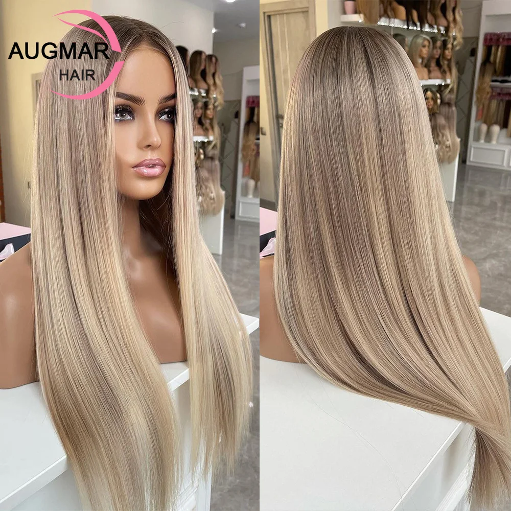 Peluca de cabello humano liso con encaje Frontal para mujer, pelo rubio ...