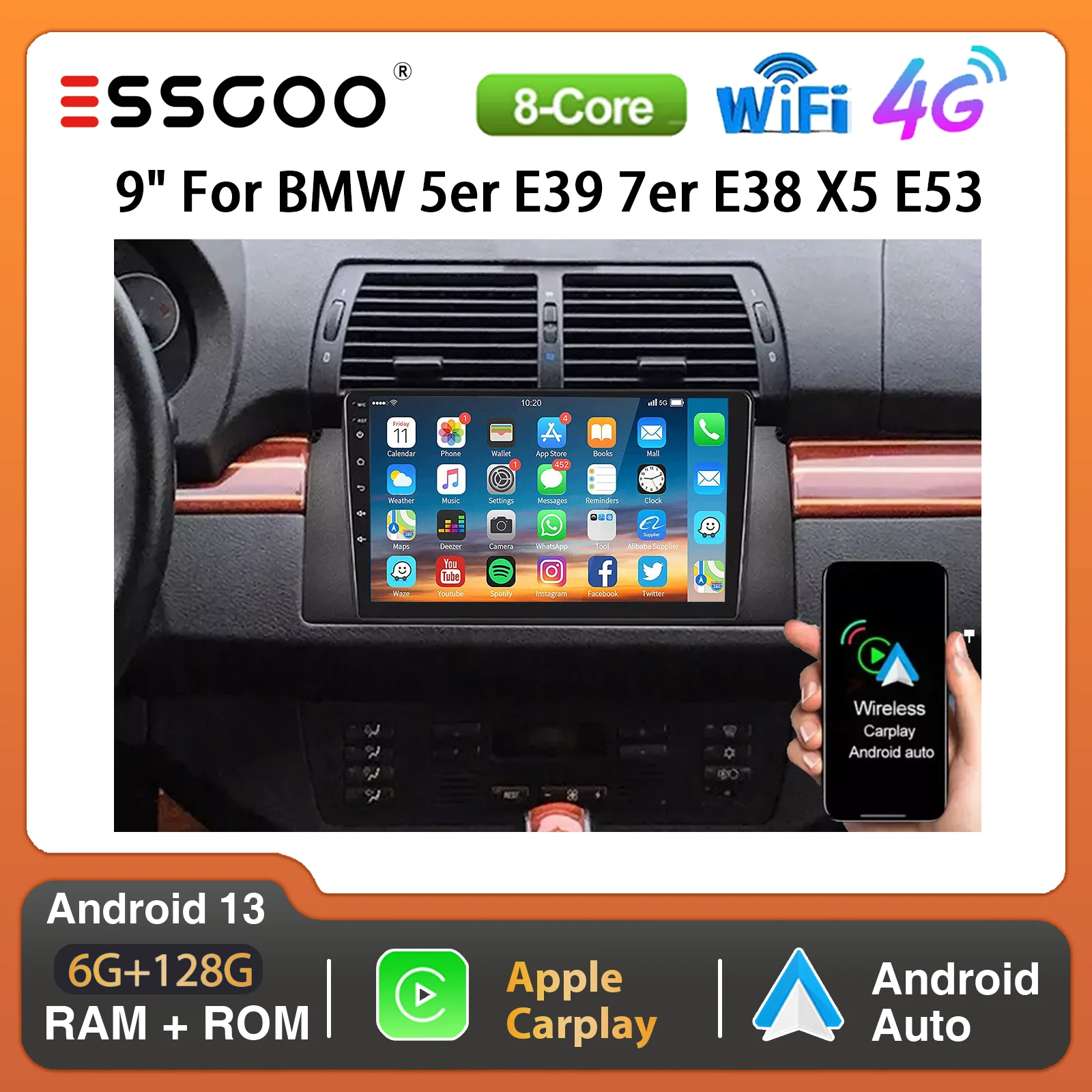 ESSGOO 9" 6+128G Android 13 Wireless Carplay Android Auto Car Radio GPS ...