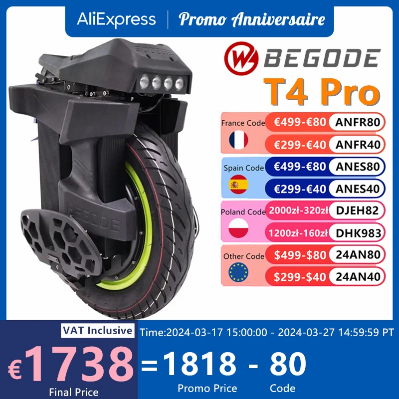 EU-Stock-Begode-T4-Pro-Electric-Unicycle-2600W-Motor-100-8V-1800Wh ...