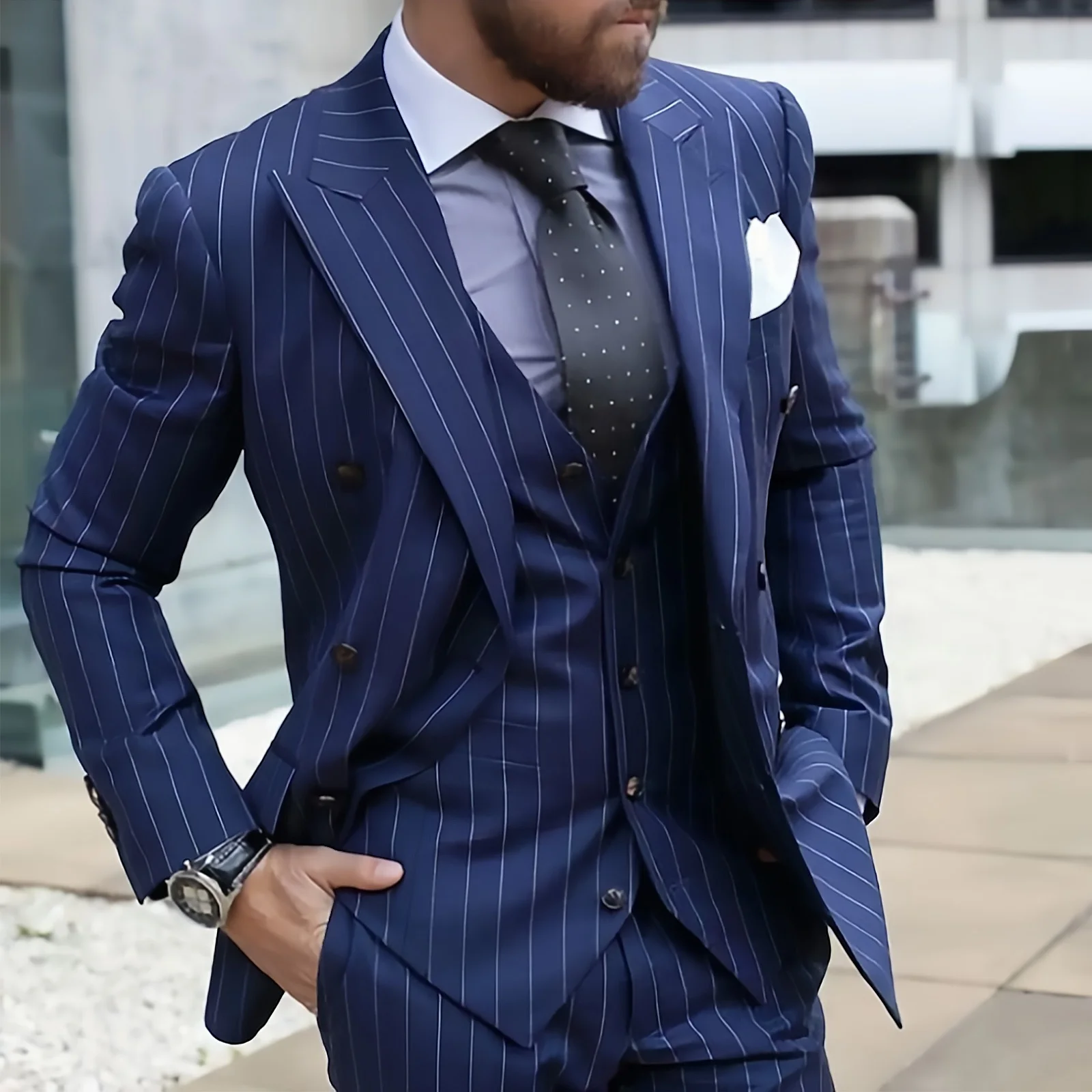 AnnieBritney Stripe Suits for Men Slim Fit Peaked Lapel Double Breasted ...