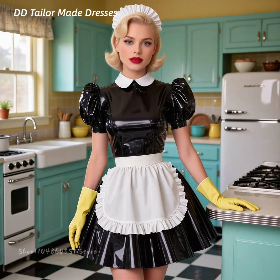Vintage Mini Short Black PVC Maid Costume Cosplay Party Prom Dress ...