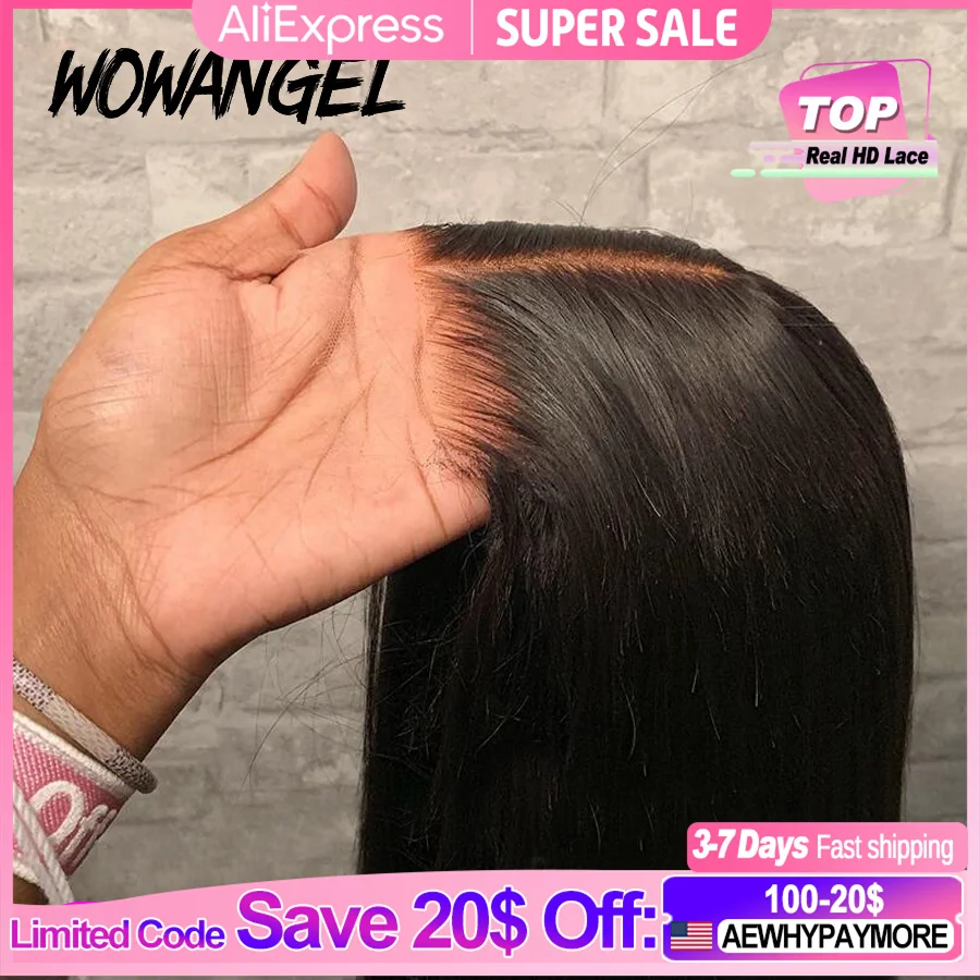 Wow Angel 5x5 Wear Go HD Lace Closure Glueless Wigs 28in Malaysian Straight Wig Pre Plucked ...
