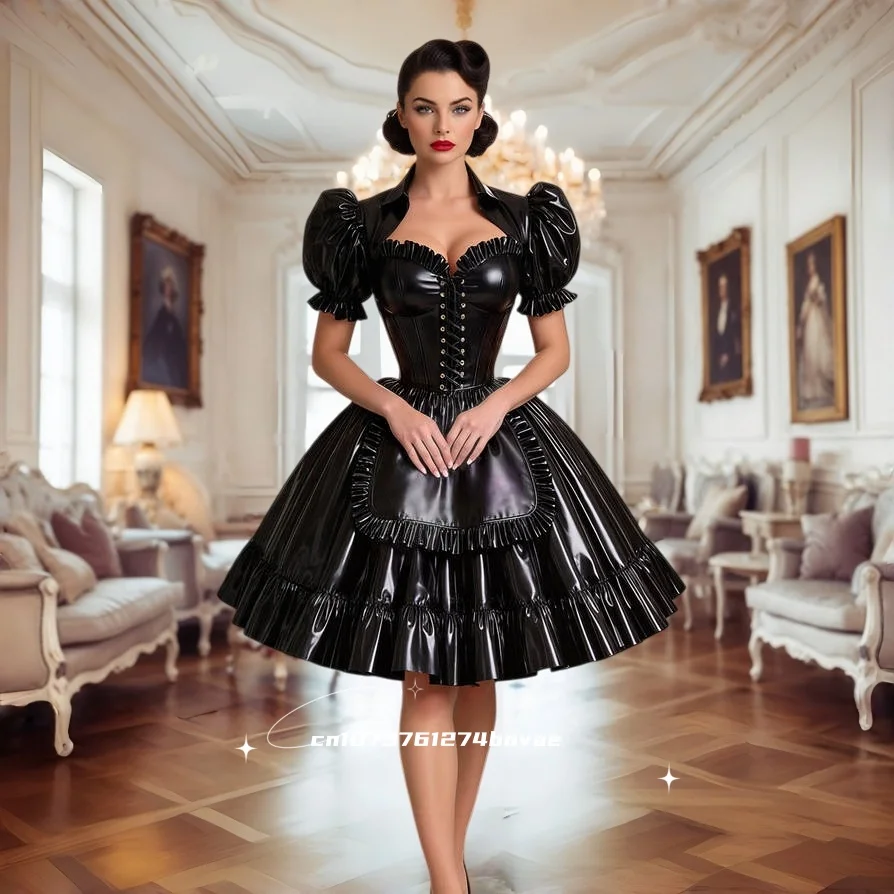 Vestido corto Steampunk negro de PVC para graduación, corsé con mangas ...