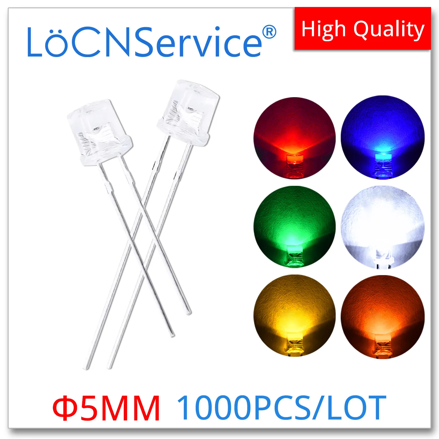 F5 플랫 탑 DIP LED 투명 고품질 비드 발광 다이오드, 레드, 블루, 그린, 화이트, 옐로우, 오렌지, 5mm, 1000PCs