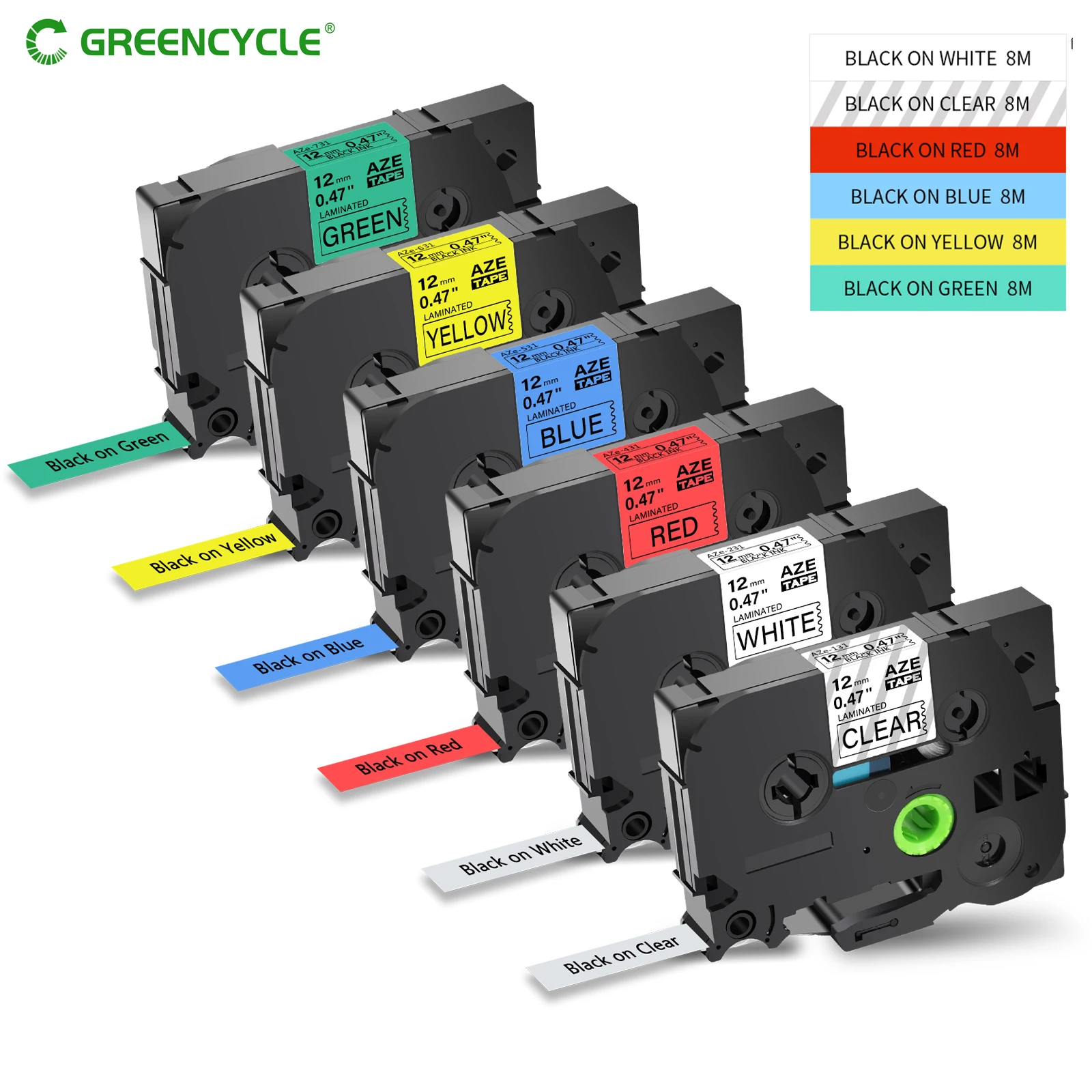 6Pcs Black Print on Clear White Red Blue Yellow Green 0.47" Label Tape ...