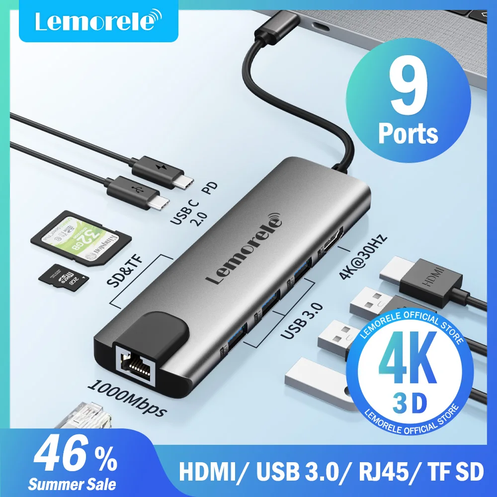 Lemorele 9/8 in 1 Hub USB 3.0 a RJ45 adattatore multiporta tipo C 100W ...