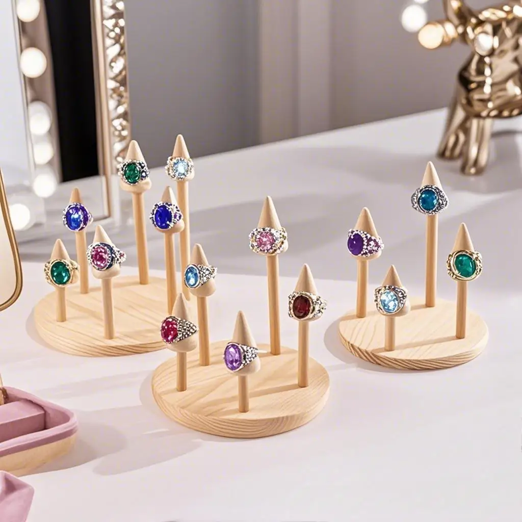 Round Wood Cone Ring Display Stand Finger Rings Holder Watch Bangle ...