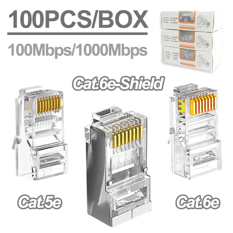 100Pcs/Box 1000Mbps/100Mbps Gold Plated Terminal Cat5e Cat6e Shield ...