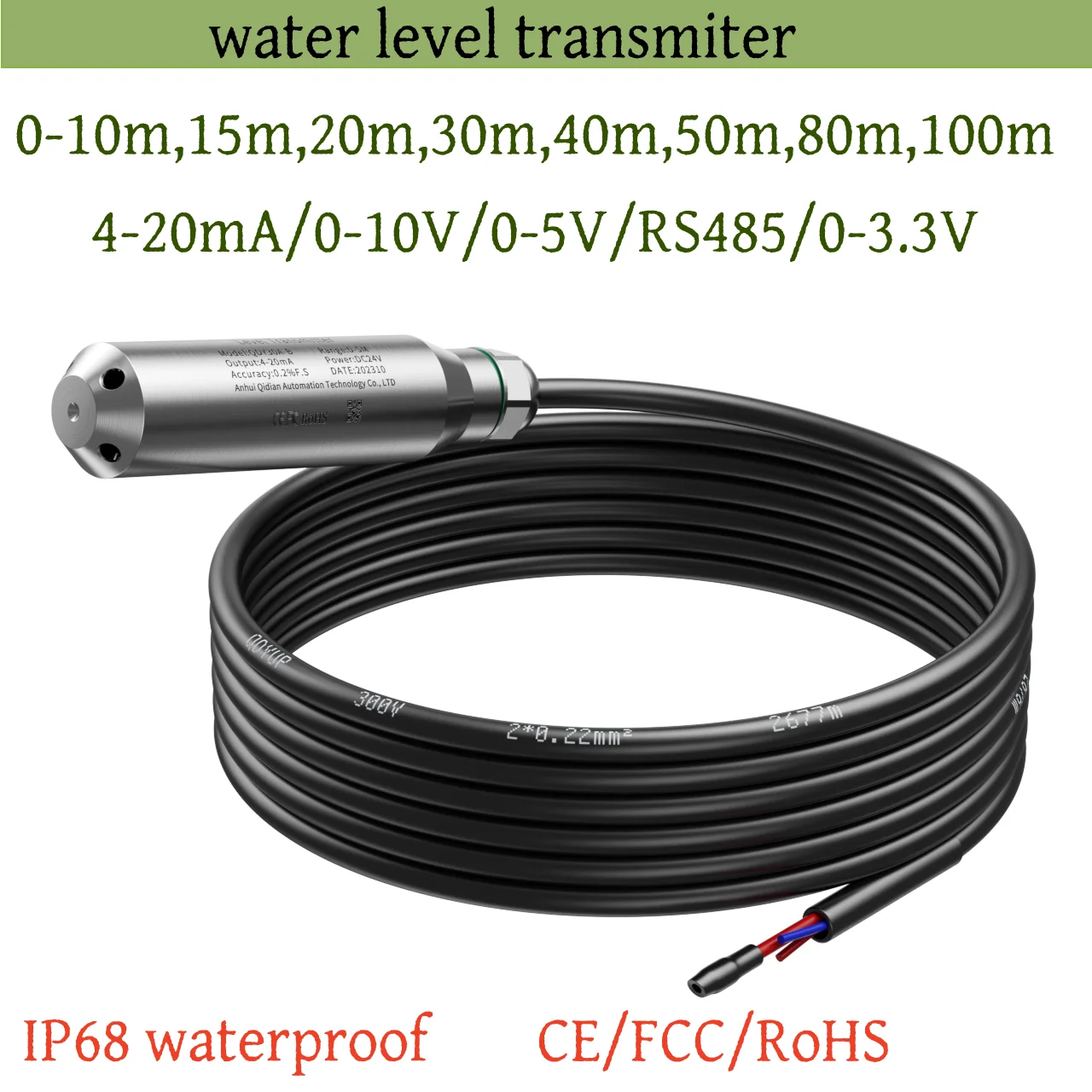 Capteur de niveau hydrostatique Submersible, sortie 4-20mA 0-10V ...