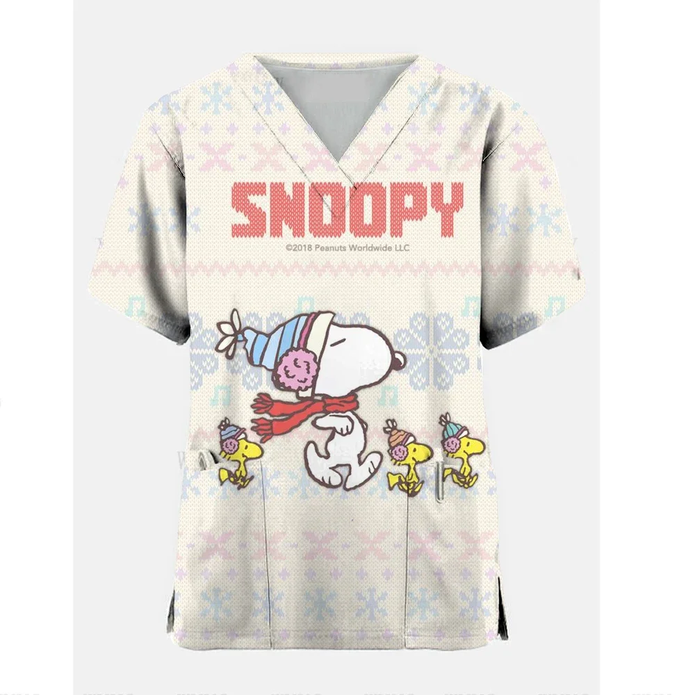 Women-TShirt-ScrubTop-With-V-neck-Snoopy-Cartoon-Scrub-Uniforms-Thin ...