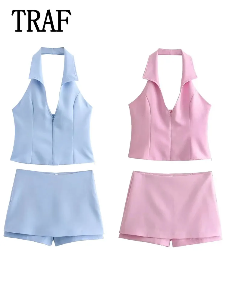 TRAF-Women-Skirts-Shorts-Set-2024-New-Fashion-Shorts-Sweet-Pink-Summer ...